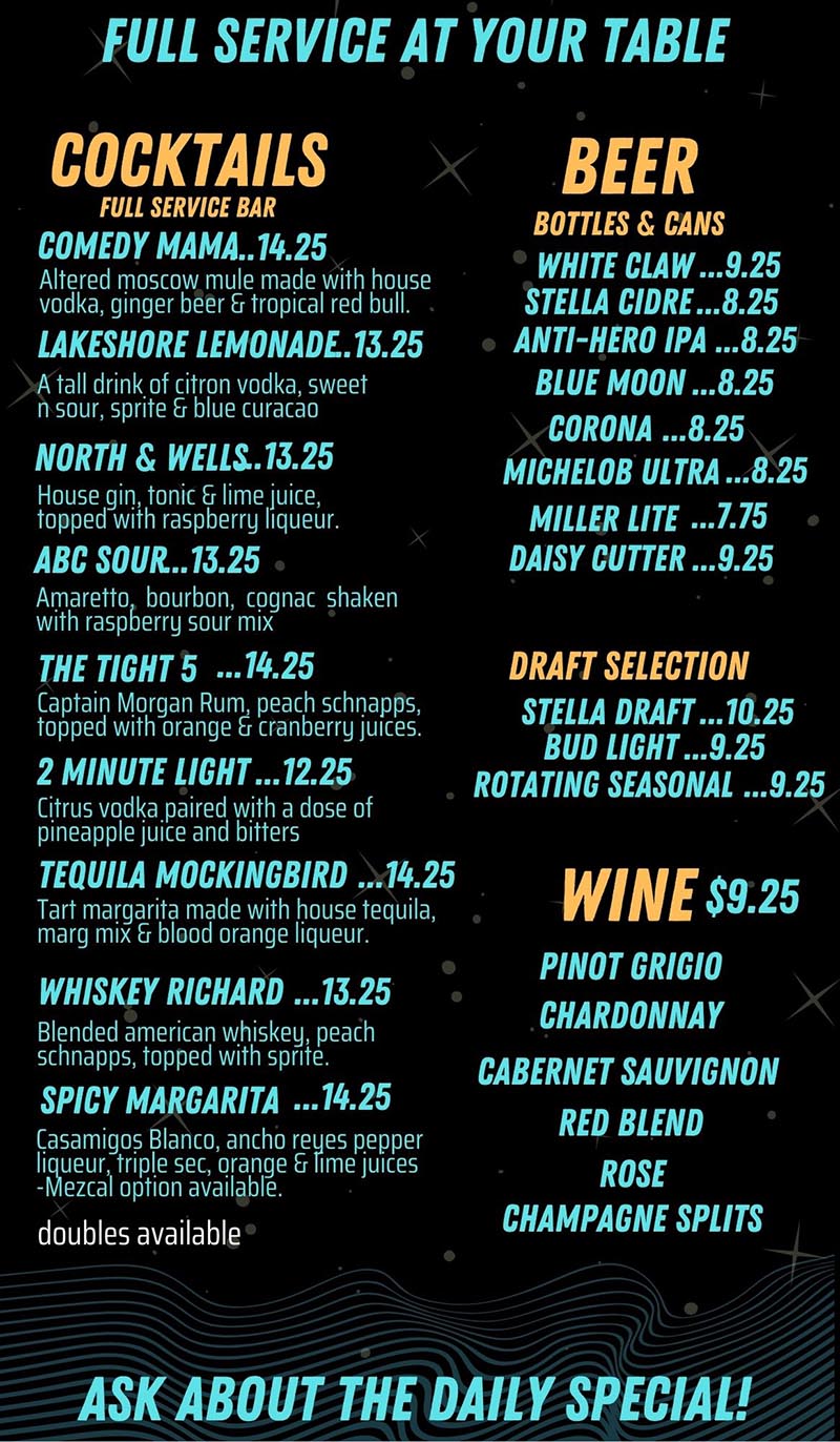 Menu | Zanies Chicago Comedy Club