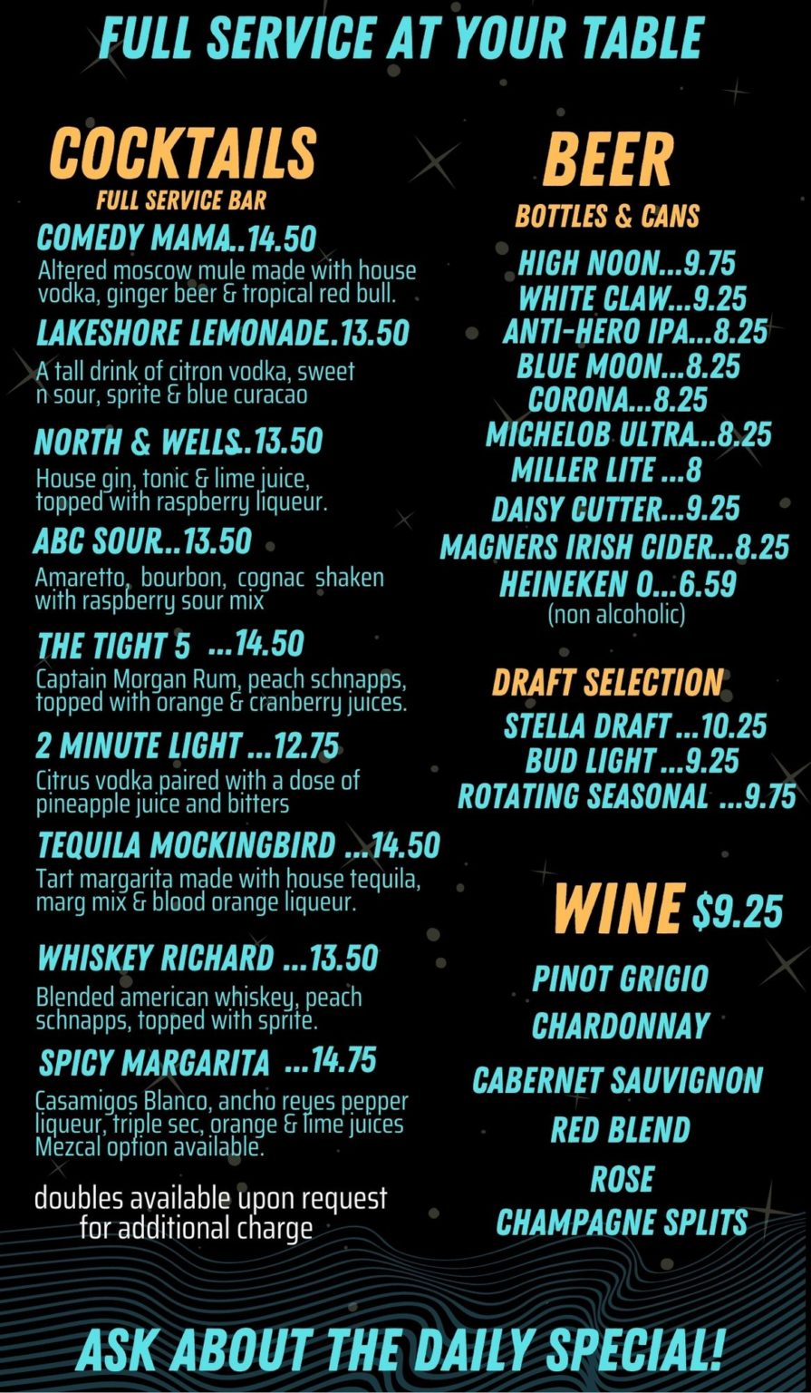 Menu | Zanies Chicago Comedy Club