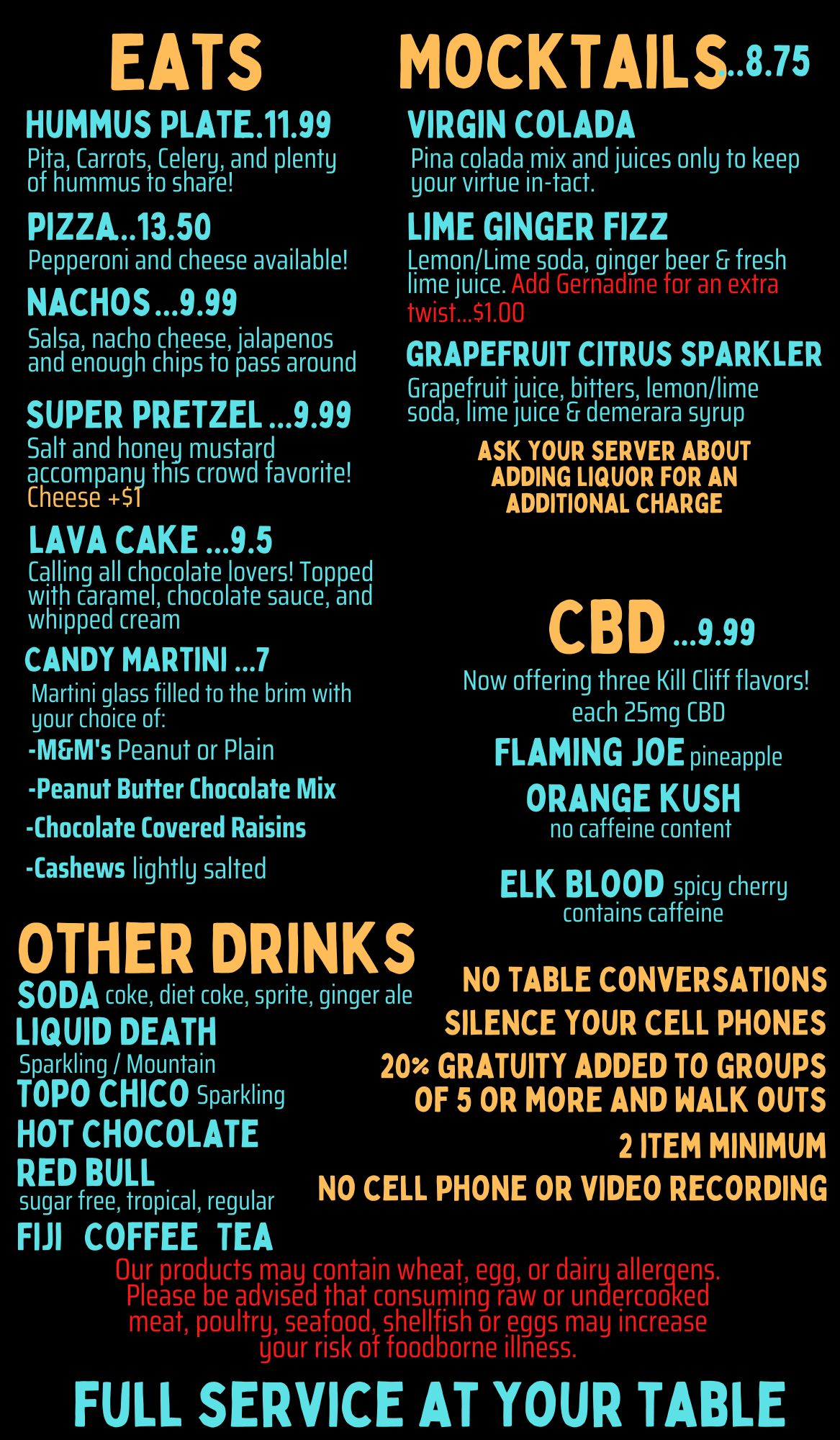 Menu | Zanies Chicago Comedy Club